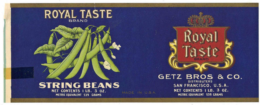 Royal Taste Brand Vintage Getz Bros. String Beans Can Label – thelabelman