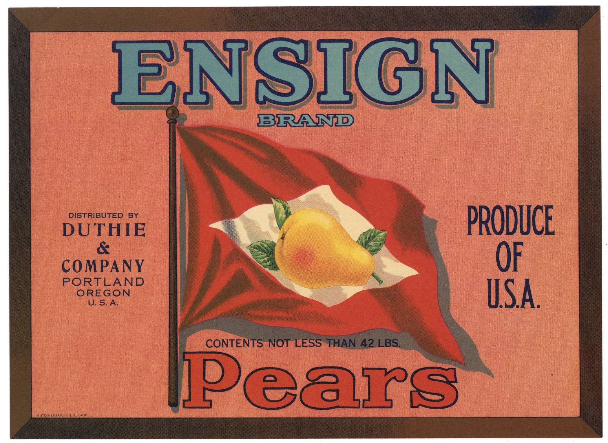 Ensign Brand Vintage Portland Oregon Pear Crate Label, red flag ...