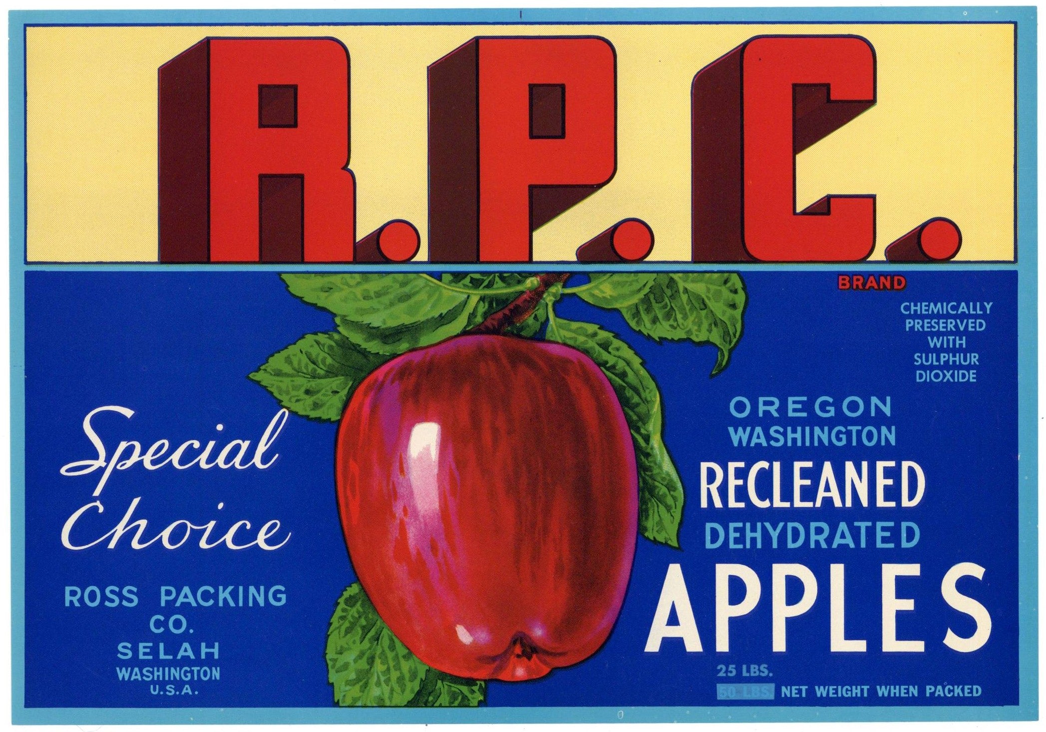 R. P. C. Brand Vintage Selah Washington Dehydrated Apple Crate Label ...