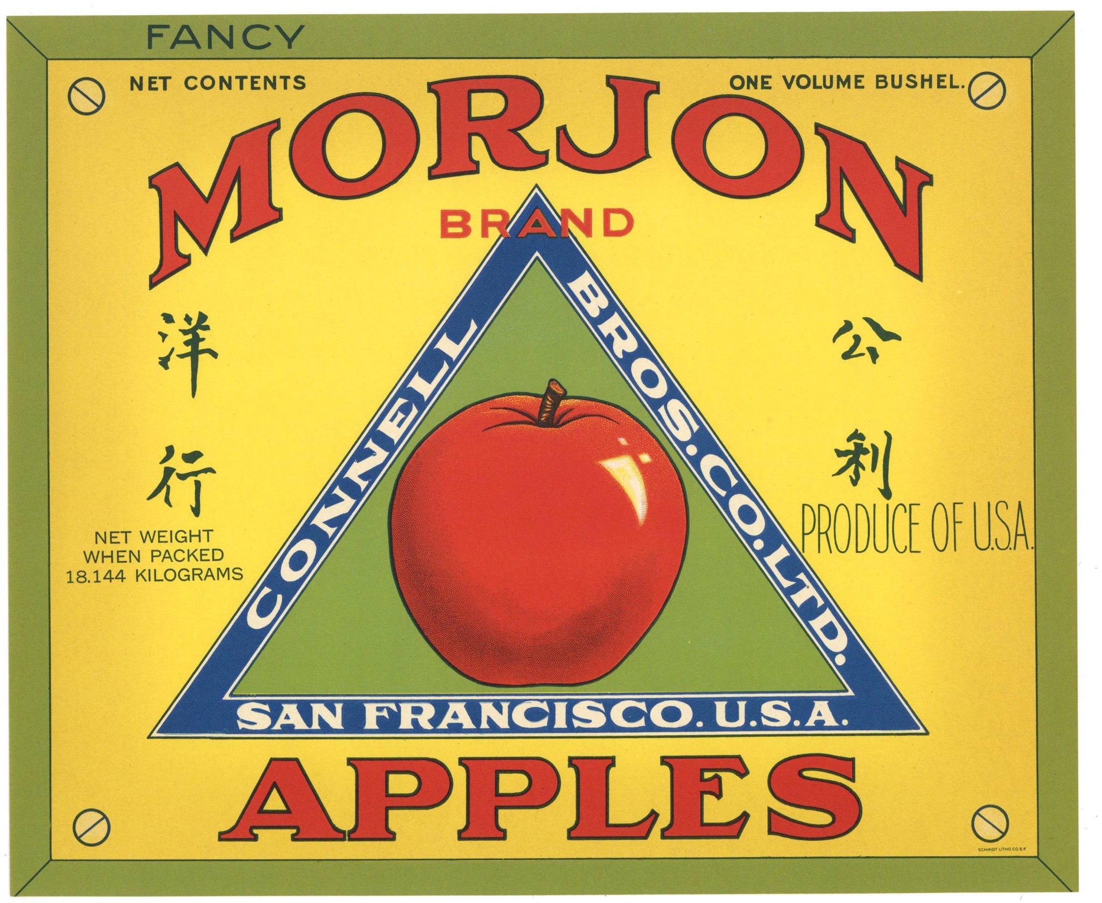 Morjon Brand Vintage Connell Bros. Apple Crate Label, green triangle ...