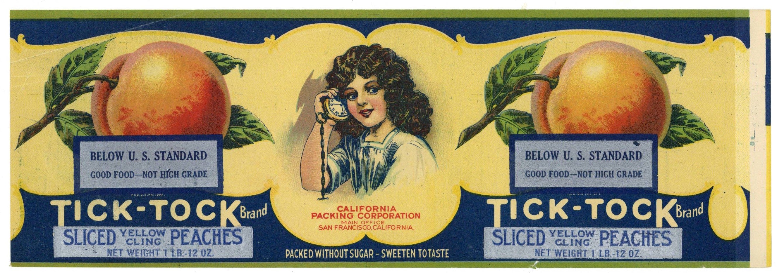 Tick Tock Brand Vintage Peach Can Label, op, silver box – thelabelman