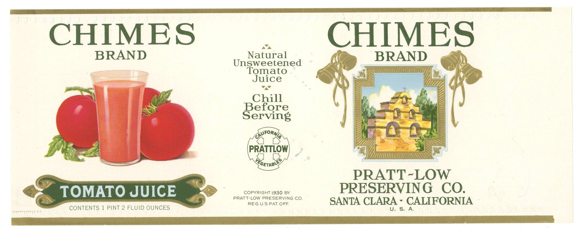 Chimes Brand Vintage Santa Clara California Tomato Juice Can Label ...