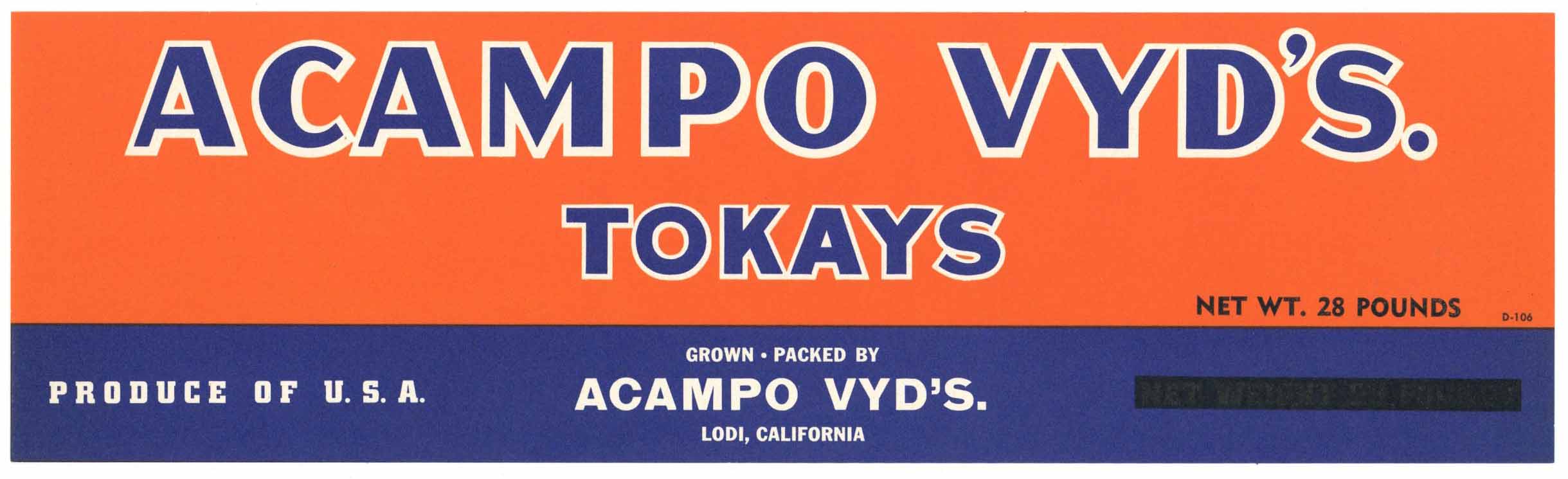 Acampo Vyd's Brand Vintage Lodi California Tokay Grape Crate Label ...