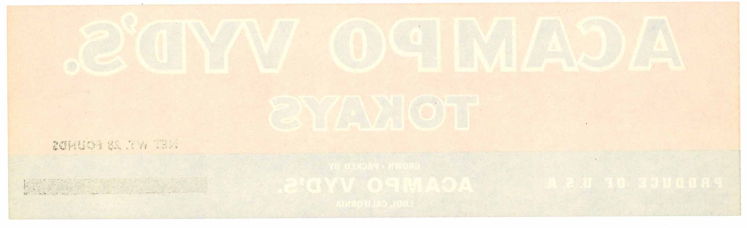 Acampo Vyd's Brand Vintage Lodi California Tokay Grape Crate Label ...