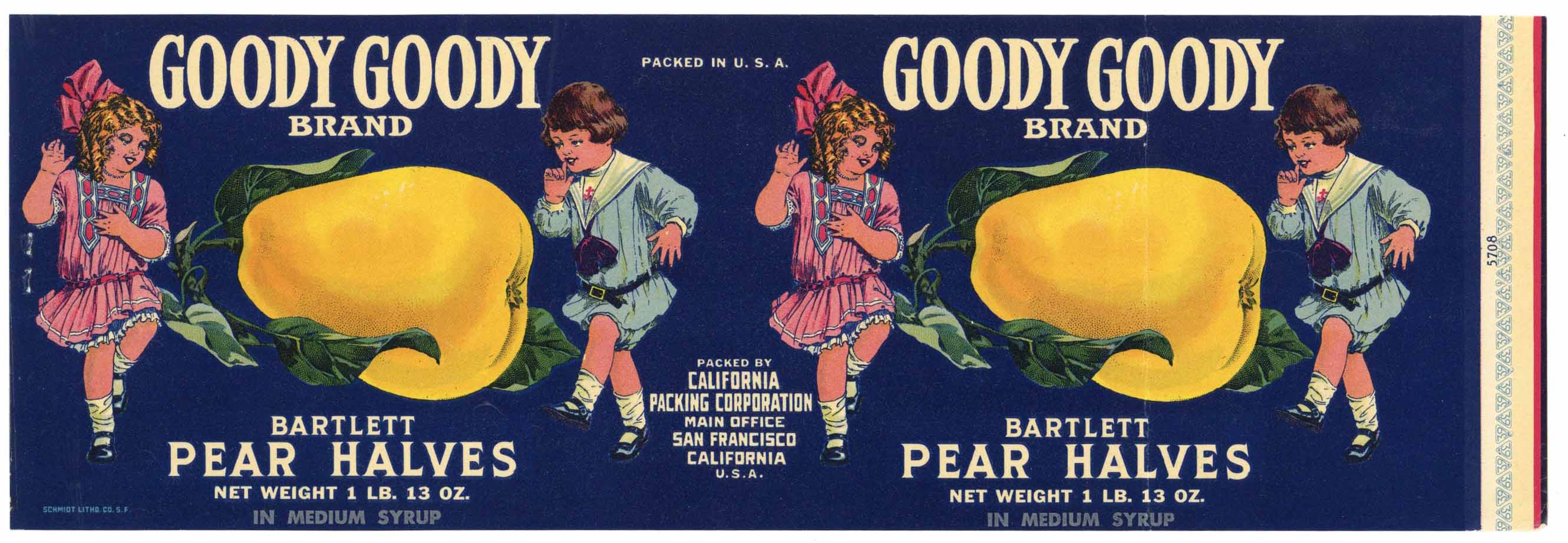 Goody Goody Brand Vintage Pear Can Label, pear halves – thelabelman