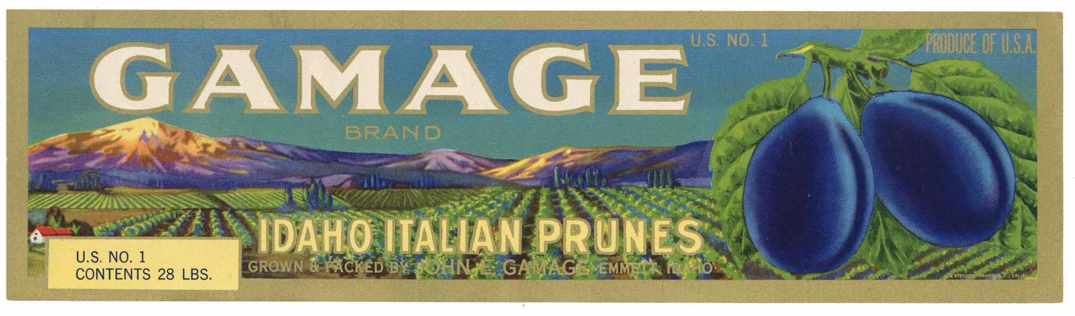 Gamage Brand Vintage Payette Emmett Prune Crate Label – thelabelman