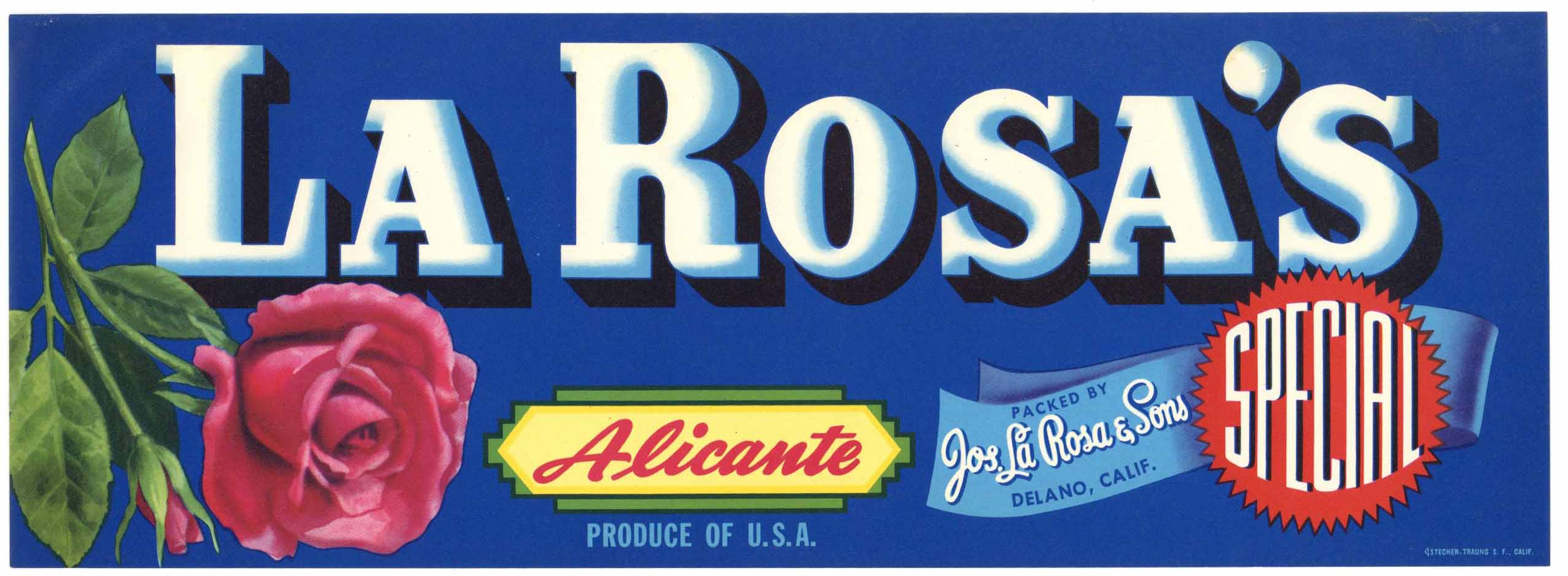 La Rosa's Brand Vintage Delano California Grape Crate Label, Alicante ...