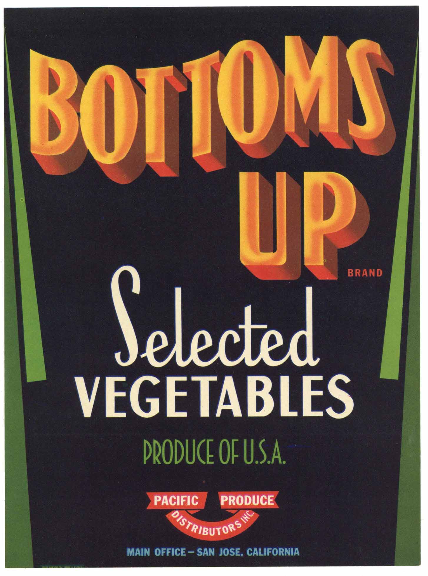 Bottoms Up Brand Vintage San Jose California Vegetable Crate Label ...