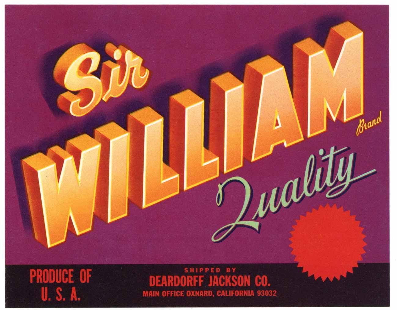 Sir William Brand Vintage Oxnard California Vegetable Crate Label ...