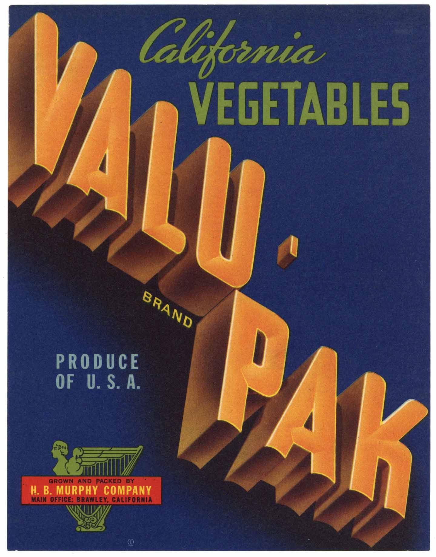 Valu-Pak Brand Vintage Brawley California Vegetable Crate Label, Murph ...