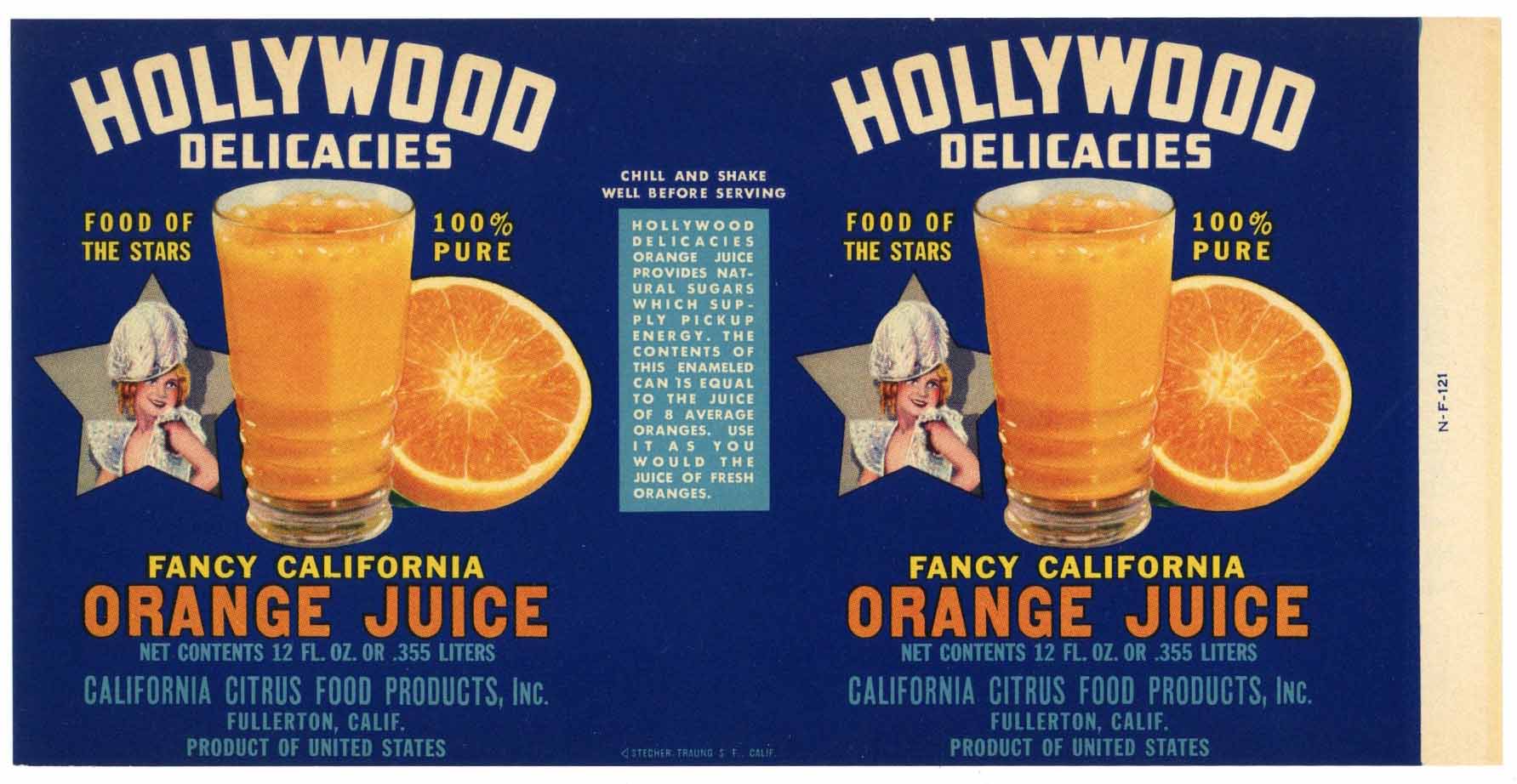 Hollywood Brand Vintage Fullerton California Orange Juice Can Label ...