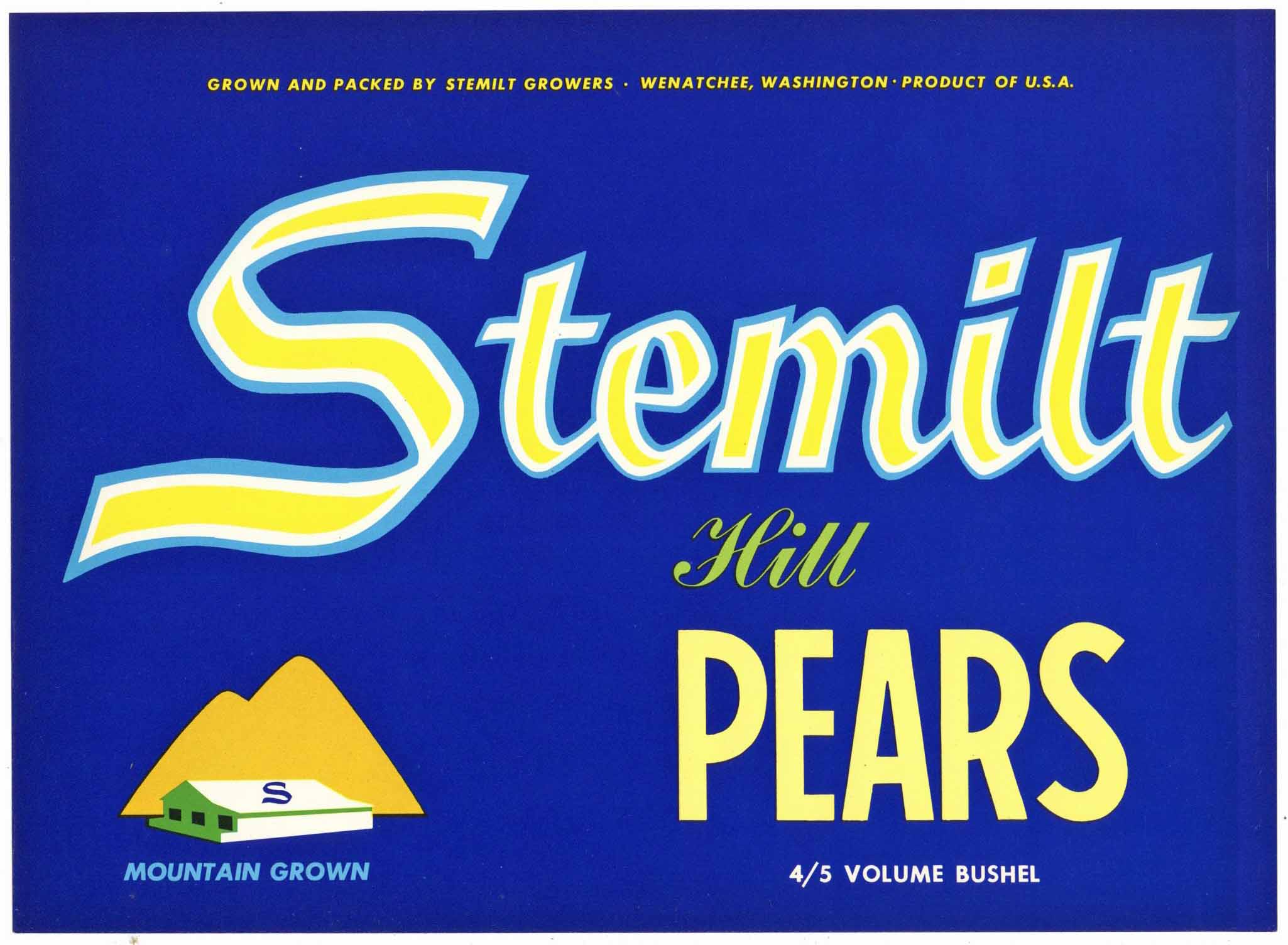 Stemilt Hill Brand Vintage Wenatchee Washington Pear Crate Label ...
