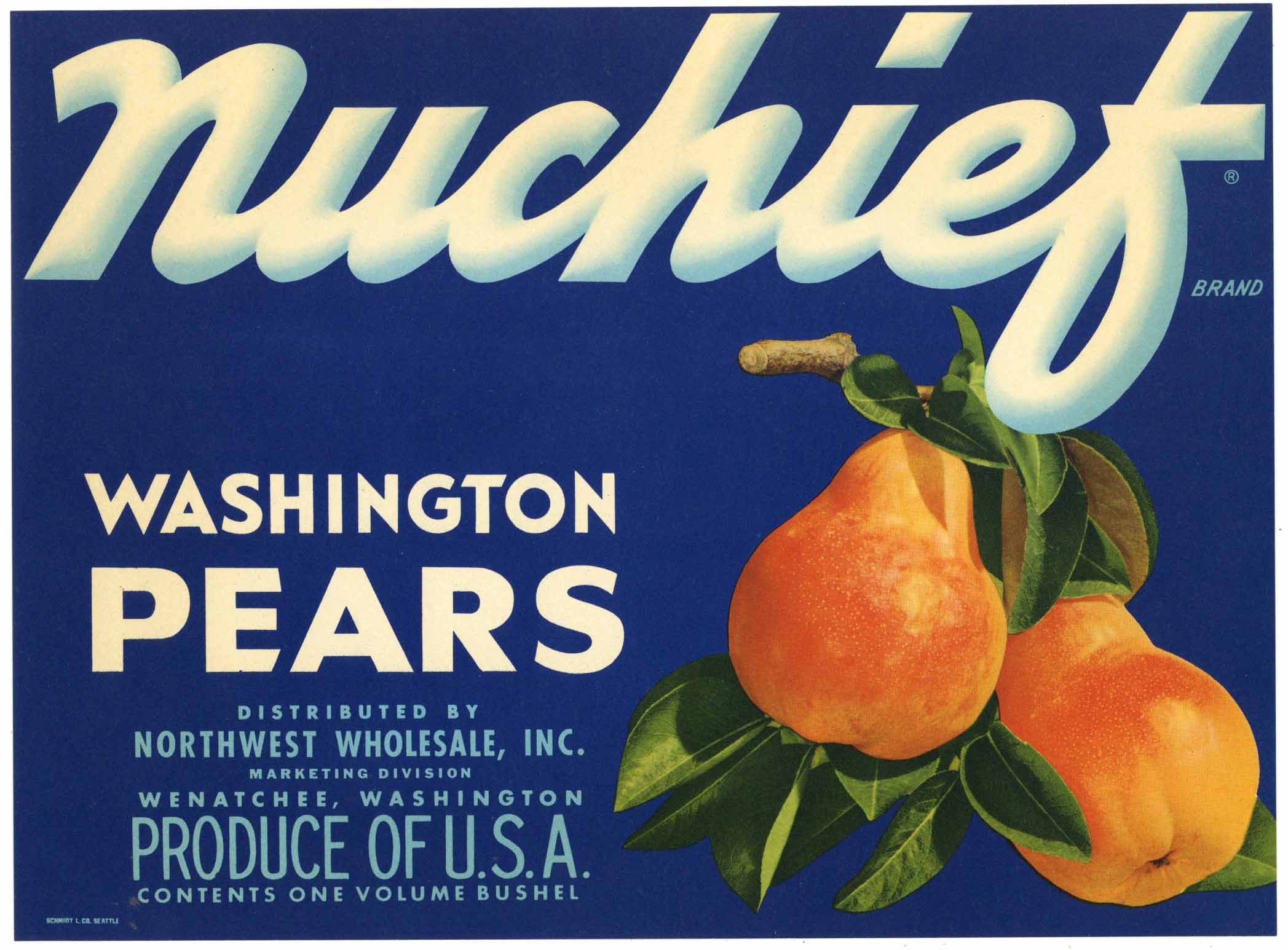 Nuchief Brand Vintage Wenatchee Washington Pear Crate Label, blue ...