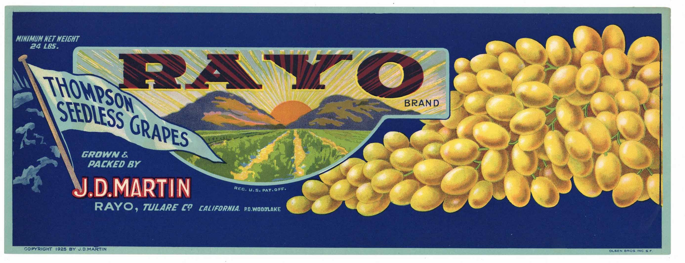 Rayo Brand Vintage Tulare County Thompson Seedless Grape Crate Label ...