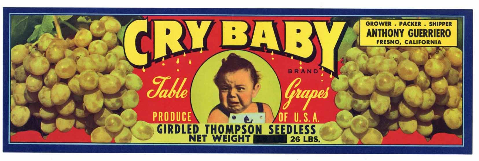 Cry Baby Brand Vintage Fresno Grape Crate Label, 26 lb – thelabelman