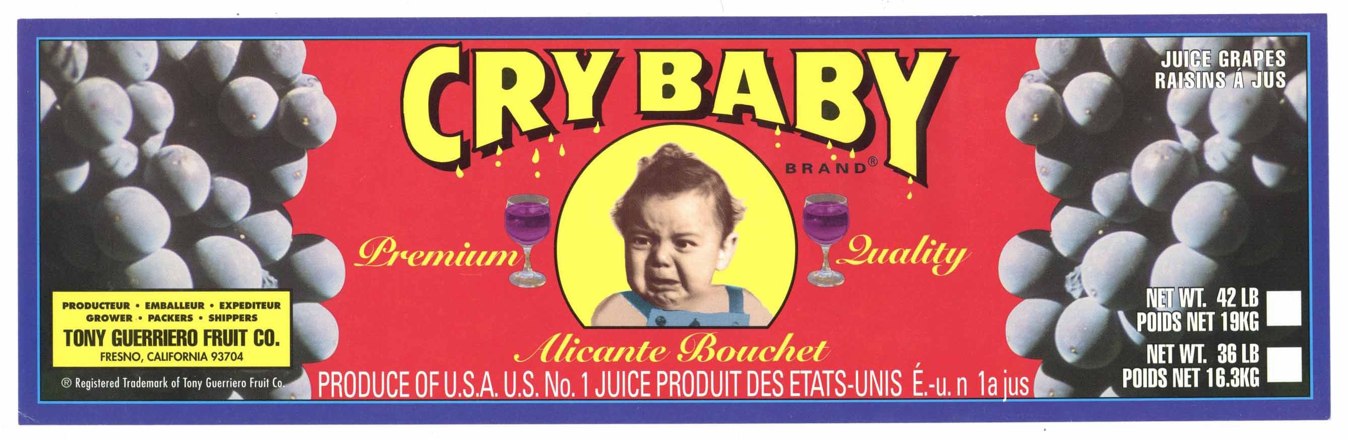 Cry Baby Brand Vintage Alicante Bouchet Wine Grape Crate Label ...