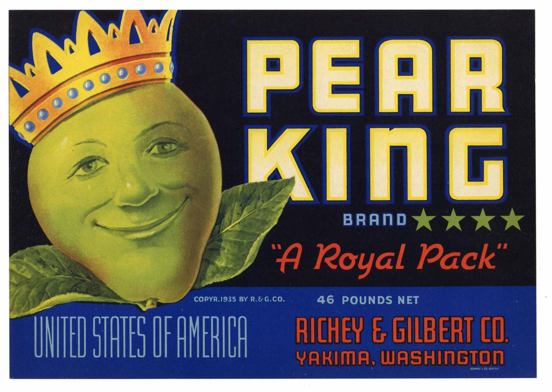 Pear King Brand Vintage Yakima Washington Pear Crate Label – thelabelman