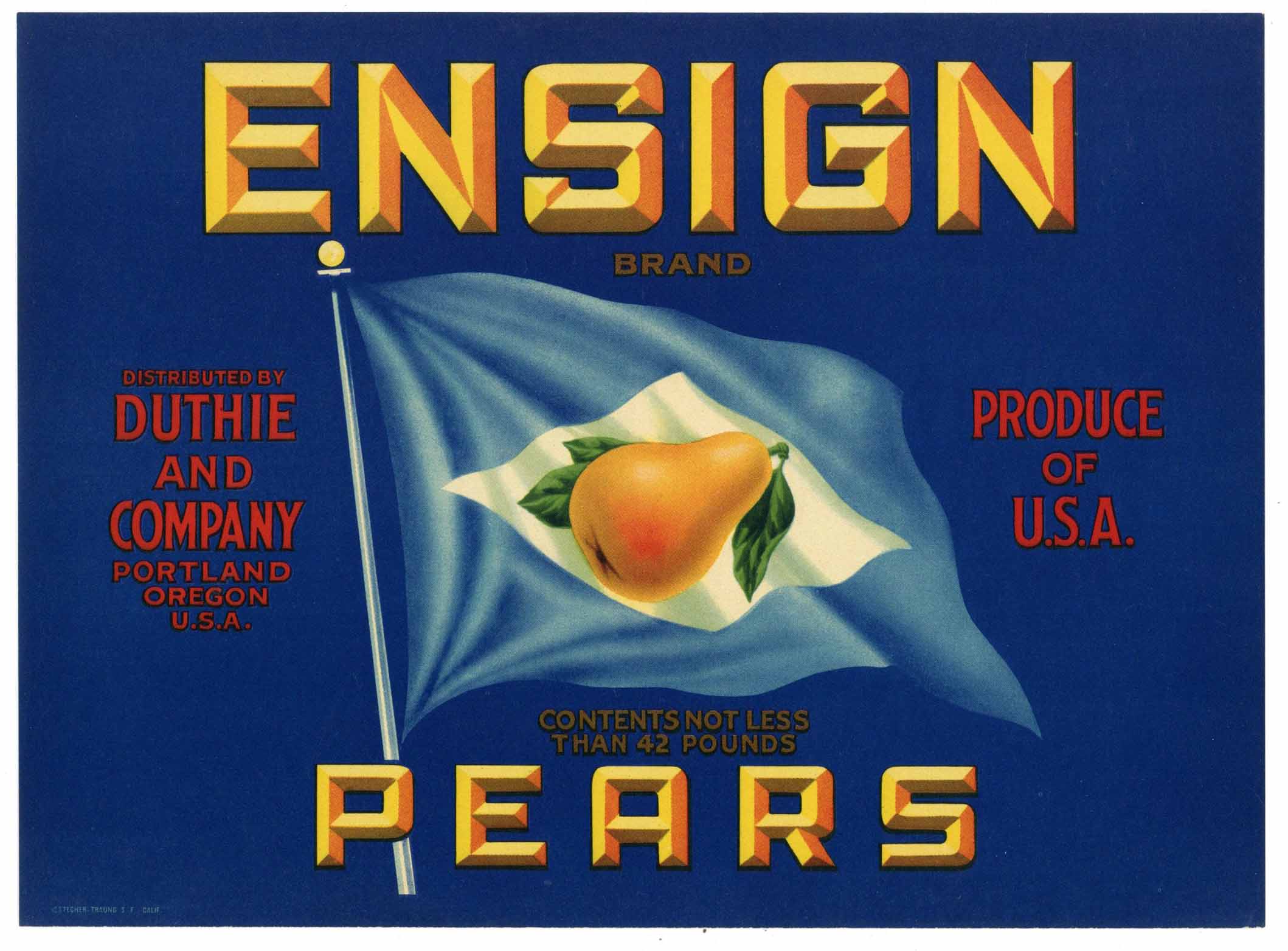 Ensign Brand Vintage Portland Oregon Pear Crate Label, blue – thelabelman