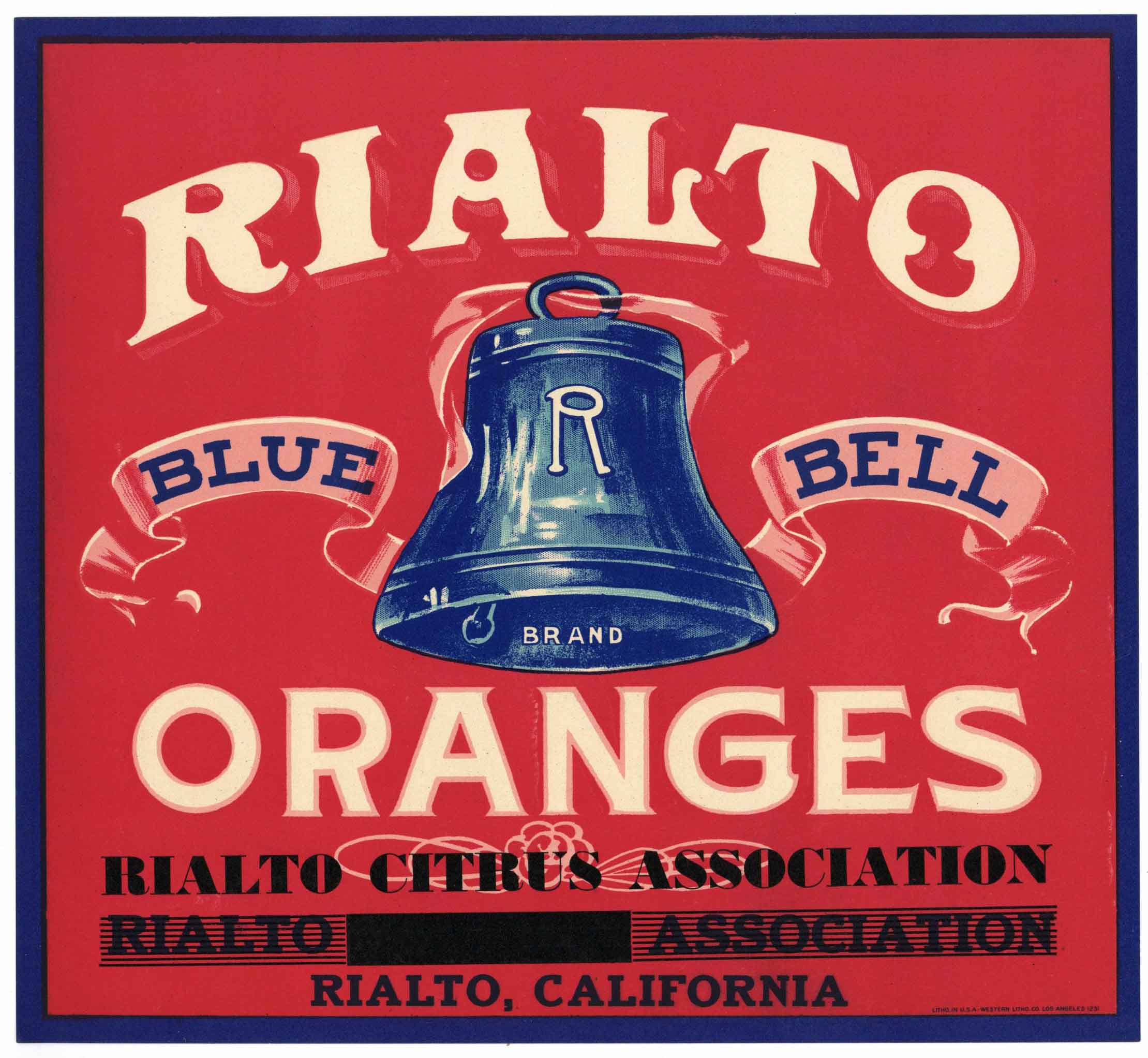 Rialto Blue Bell Brand Vintage Orange Crate Label, op – thelabelman