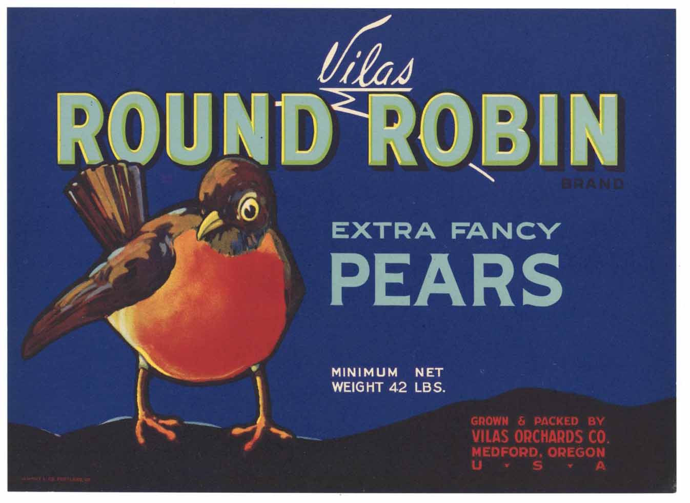Round Robin Brand Vintage Medford Oregon Pear Crate Label b – thelabelman