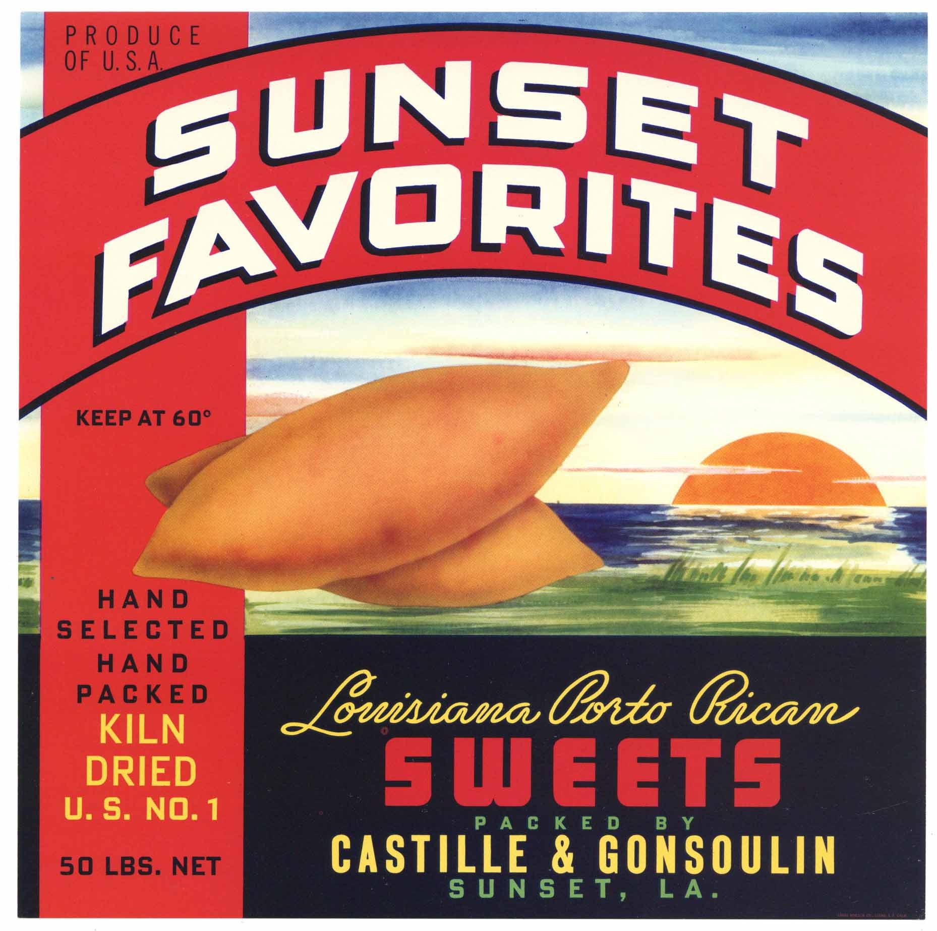 Sunset Favorites Brand Vintage Sunset Louisiana Yam Crate Label ...
